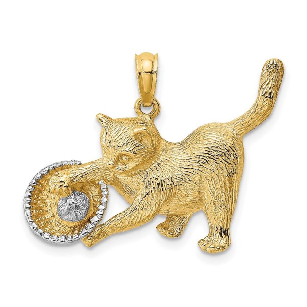 14k Yellow Gold Rhodium Cat Playing With Yarn In Bask… - Gem